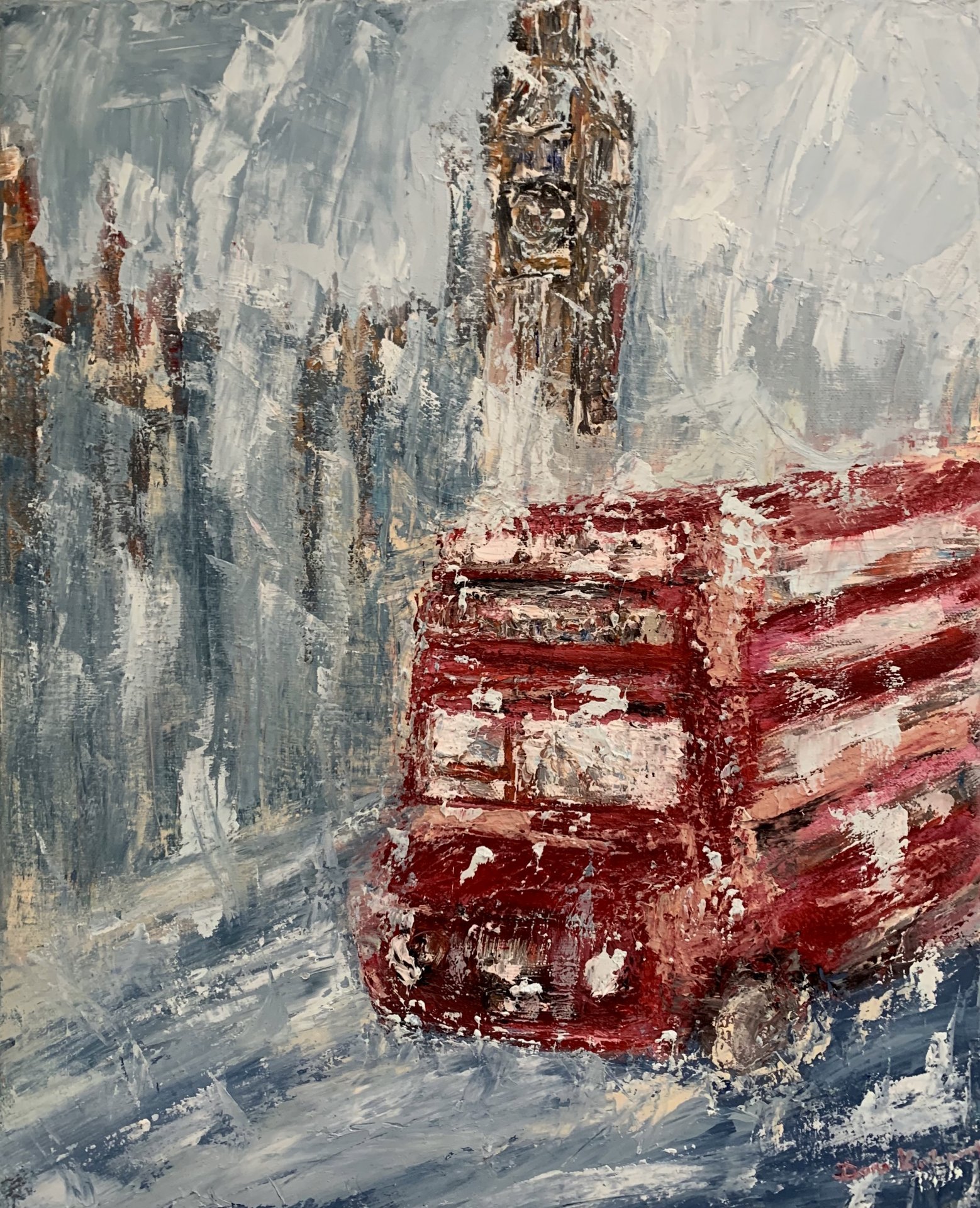 Iconic London Bus Cityscape Painting by Dora Kalinova