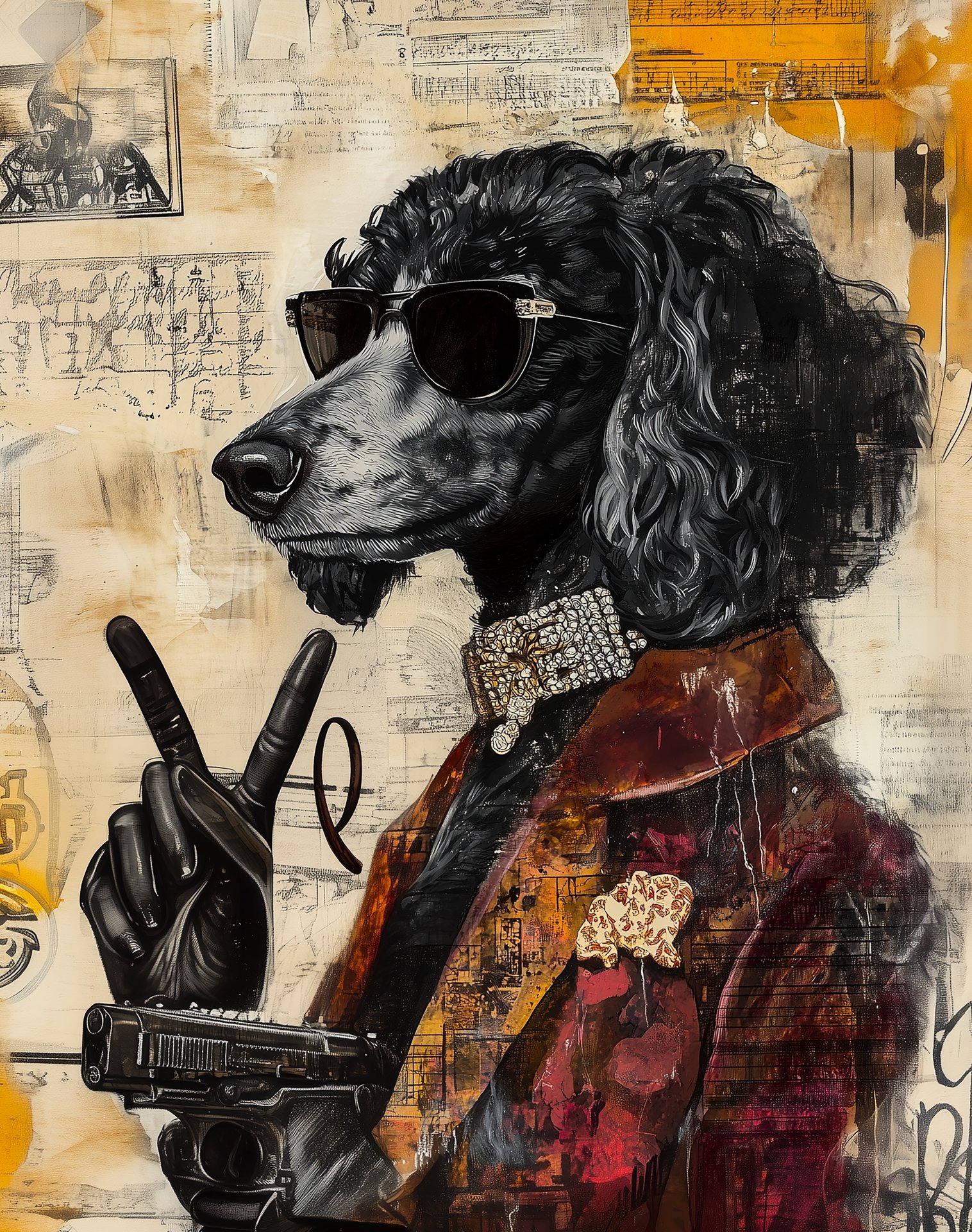 Black Poodle with glasses&gun Digital Art - Julia Shilo