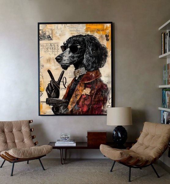 Black Poodle with glasses&gun Digital Art - Julia Shilo