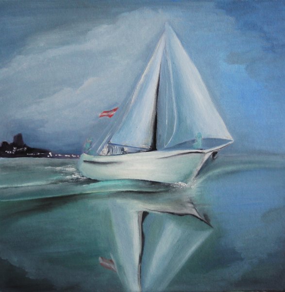 Sailing boat and reflection Painting by Oksana Smile