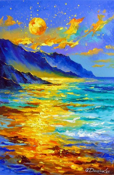 Luna llena sobre el mar Painting by Olga Darchuk