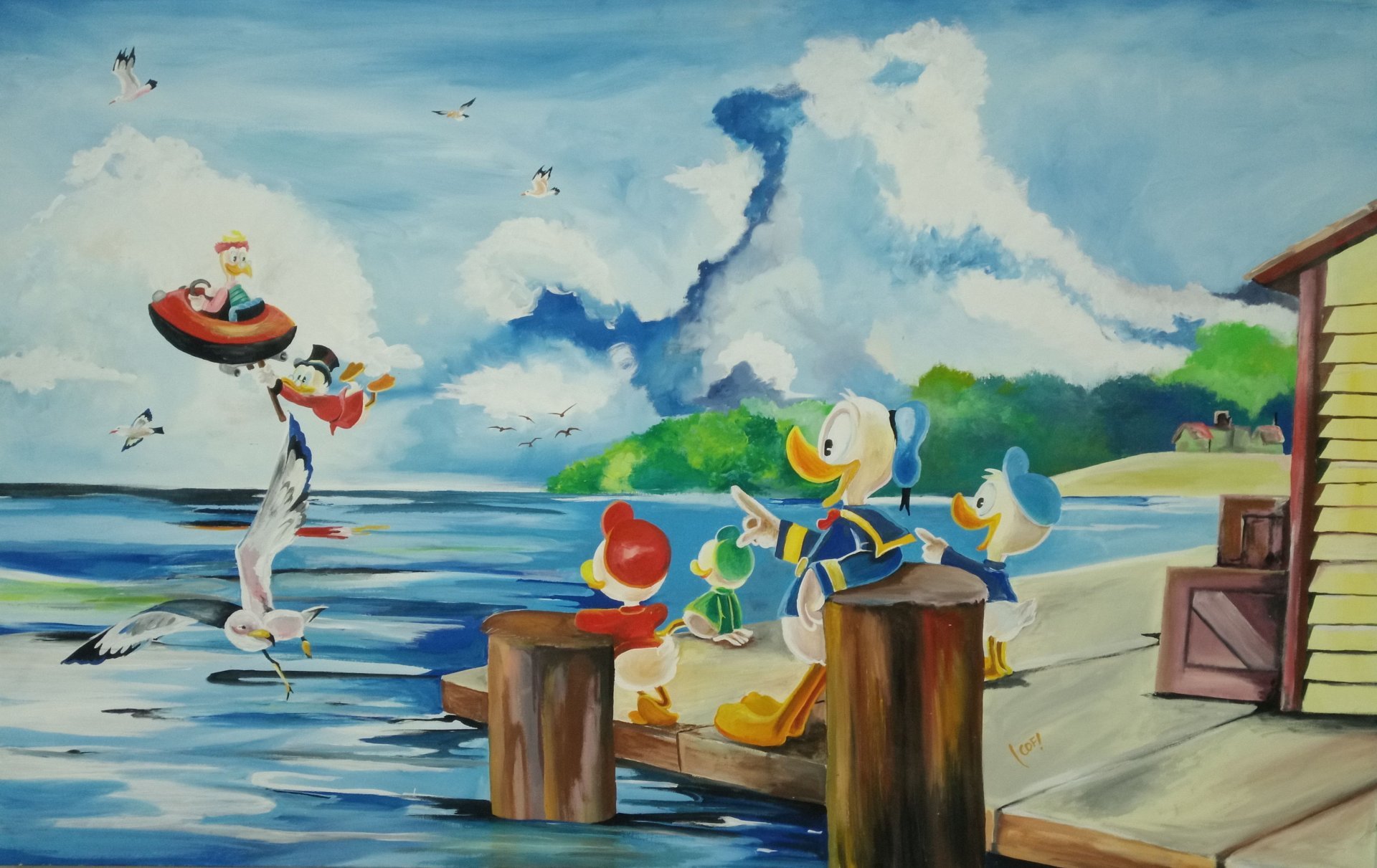 El pato Donald en el muelle Painting by Cof