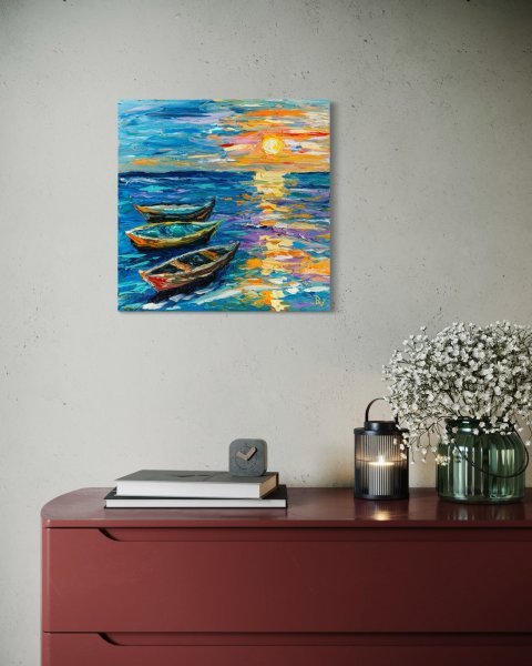 Boats at sunset light Drawing - Vladyslav Durniev