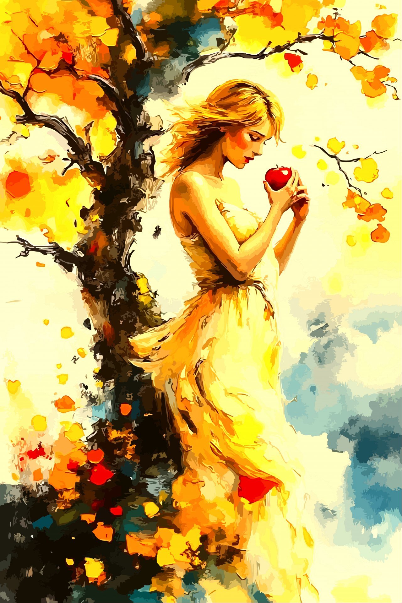 Autumn Muse with Red Apple Digital Art - Viktor Levchenko