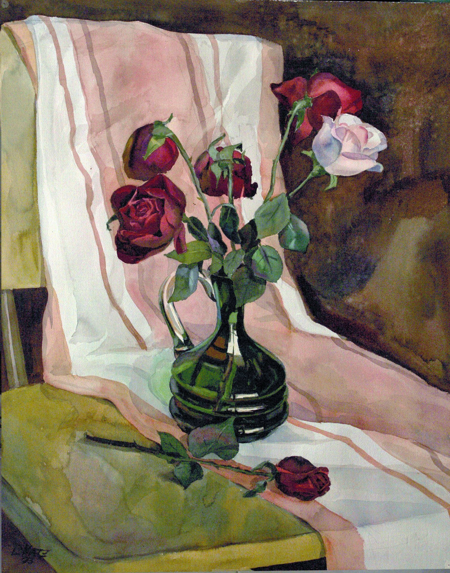 Flores Rosas y Jarrón Drawing - Leon Katz - Jose Art Gallery