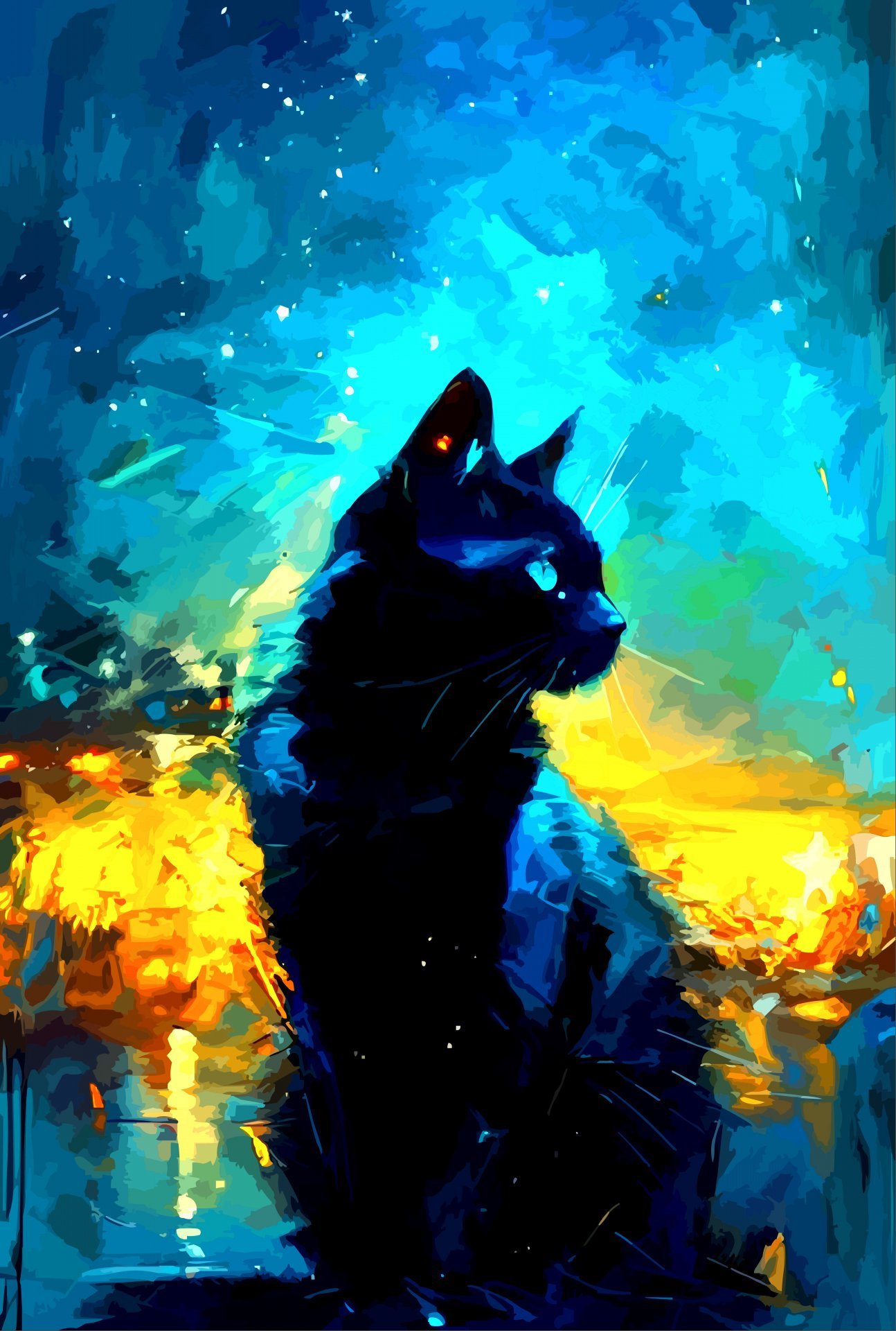 Black Cat on City Roof Digital Art - Viktor Levchenko