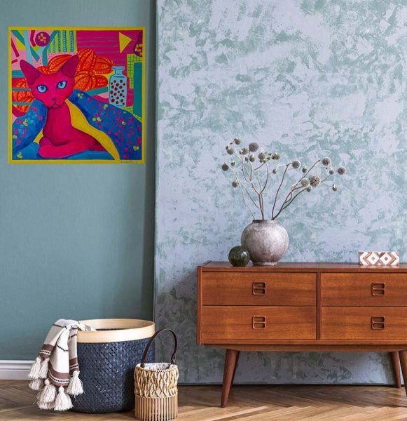 Painting Pink Cat 2025 Painting by Oksana Chumakova