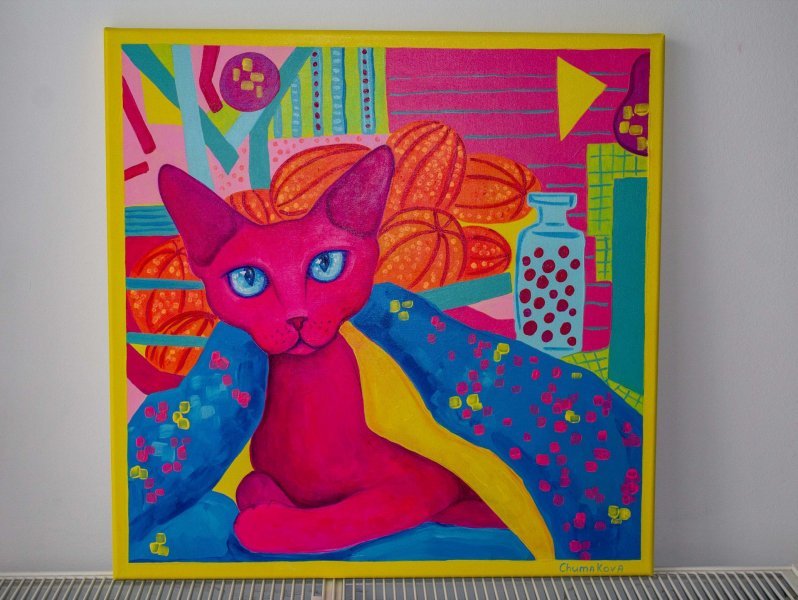 Painting Pink Cat 2025 Painting by Oksana Chumakova