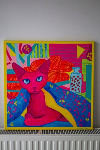Painting Pink Cat 2025 Painting by Oksana Chumakova