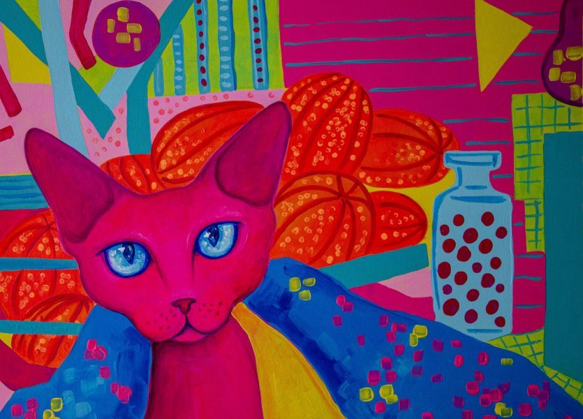Painting Pink Cat 2025 Painting by Oksana Chumakova
