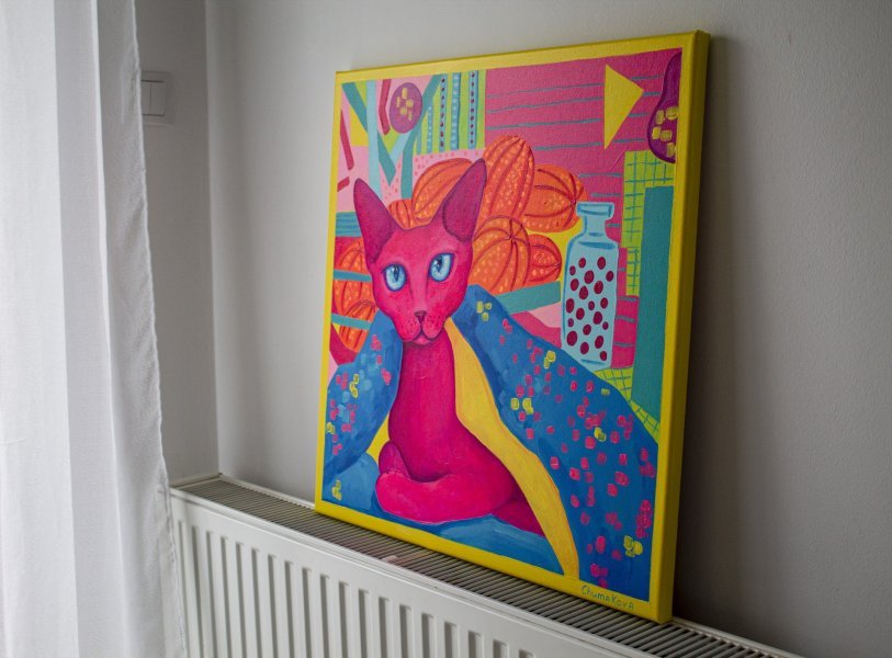 Painting Pink Cat 2025 Painting by Oksana Chumakova