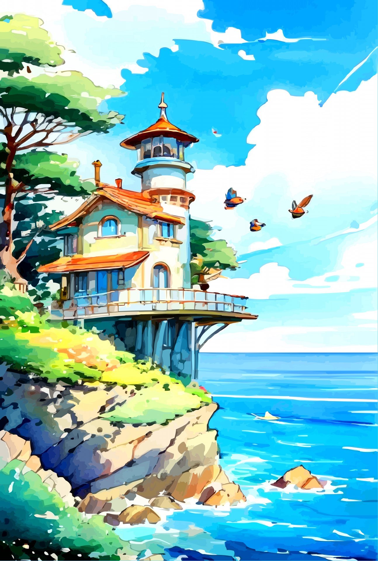 Sunlit Cliff House by the Sea Painting by Viktor Levchenko