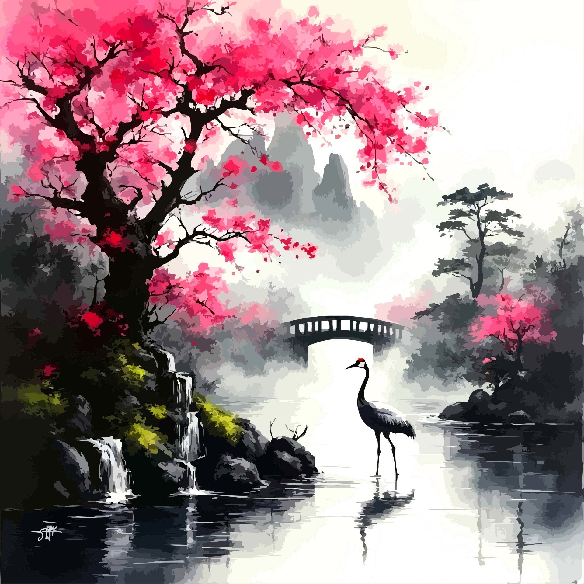 Crane by the Cherry Tree Digital Art - Viktor Levchenko