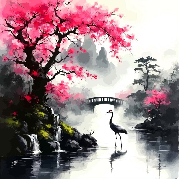 Crane by the Cherry Tree Digital Art - Viktor Levchenko