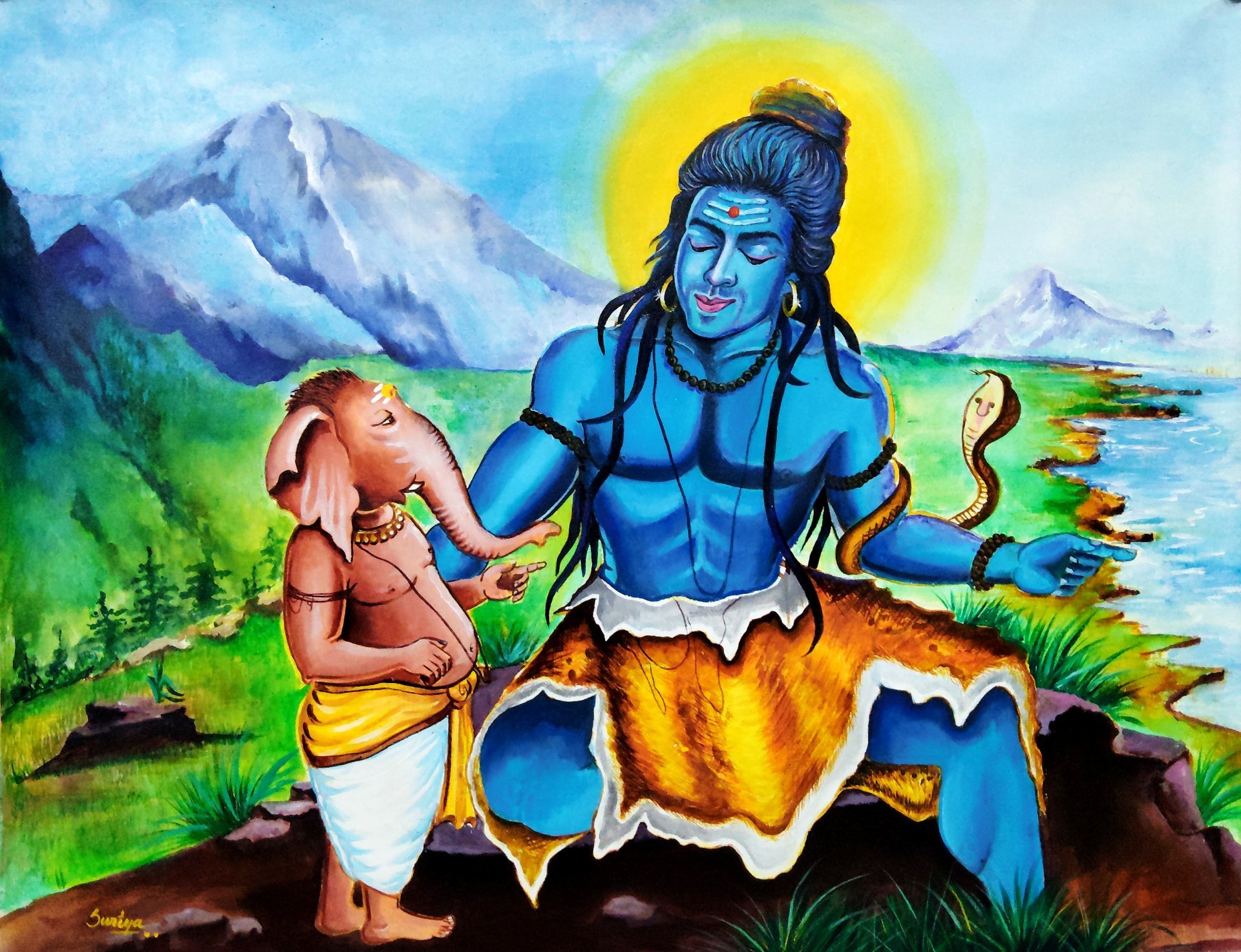 Lord Shivji and little Ganesh Painting by Suriya