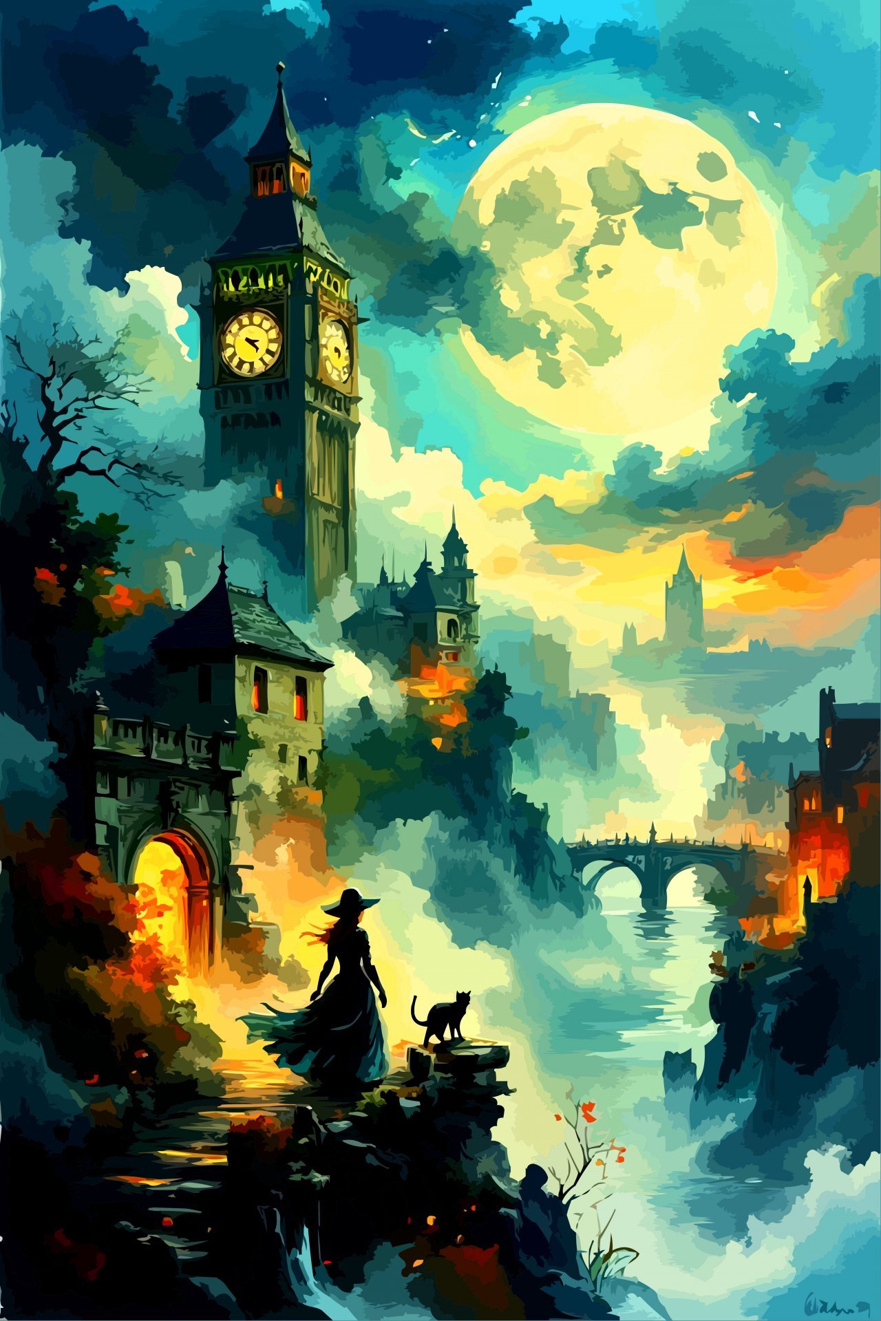 Mystic Bridge and Big Clock Painting by Viktor Levchenko