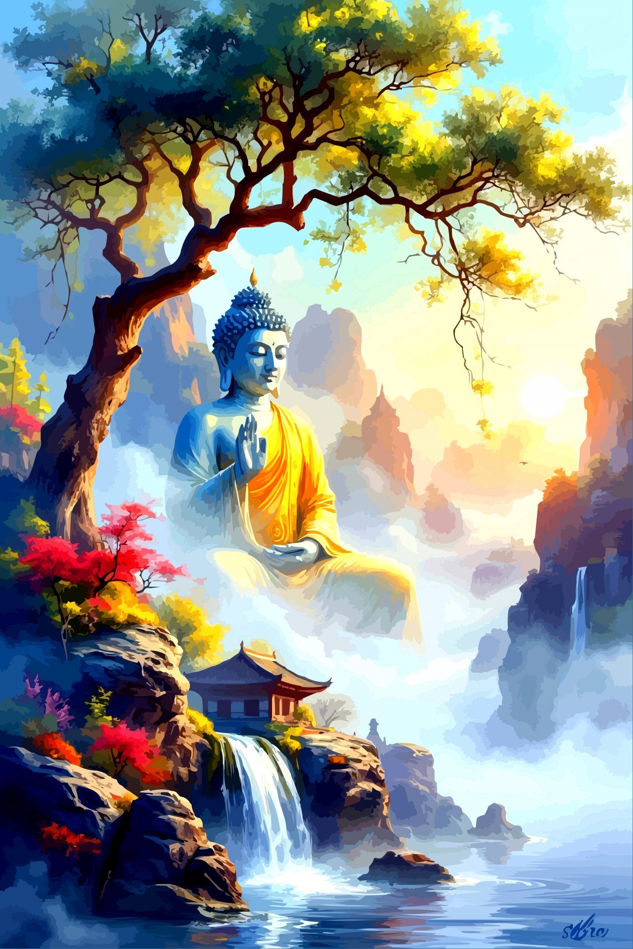 Buddha Above the Falls Painting by Viktor Levchenko