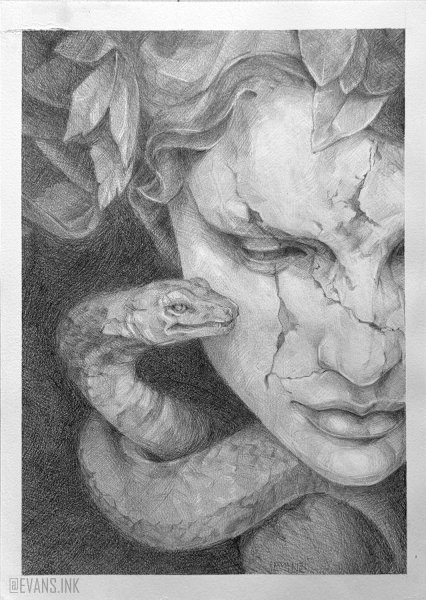 Cracked Silence Medusa Gorgon Drawing - Yana Evans
