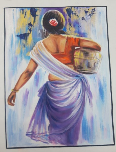 Indian Woman Going for Water Scene Drawing - Manish Vaishnav