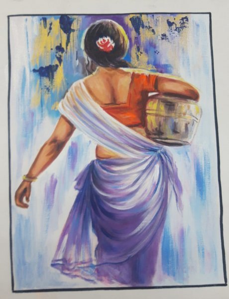 Indian Woman Going for Water Scene Drawing - Manish Vaishnav