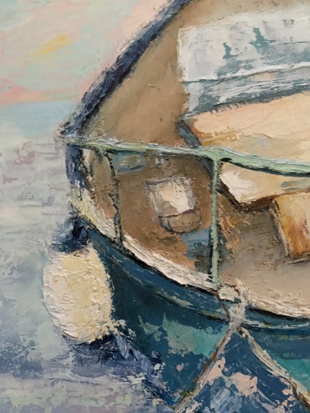 Old Boat by Summer Sea Horizon Painting by Dora Kalinova