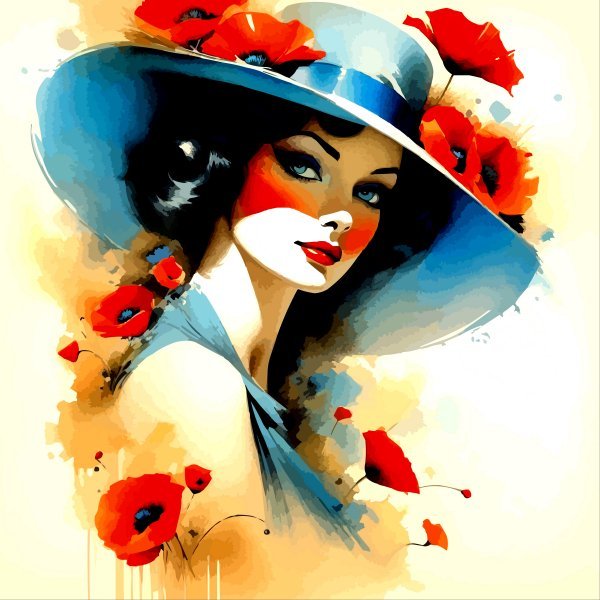 Lady in Blue Hat with Poppies Painting by Viktor Levchenko