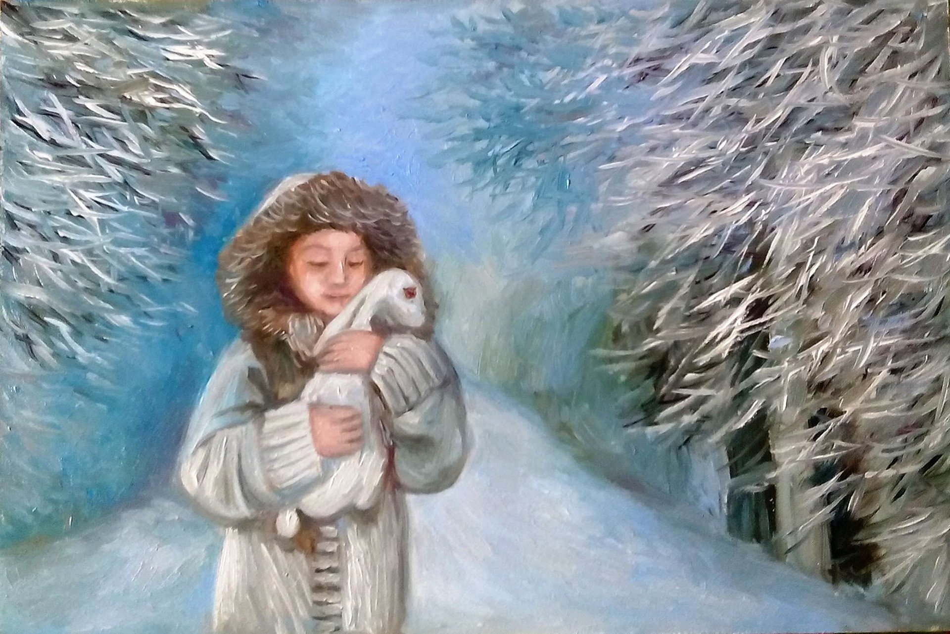 Girl with a bunny Painting by Ludmila Plokhotina