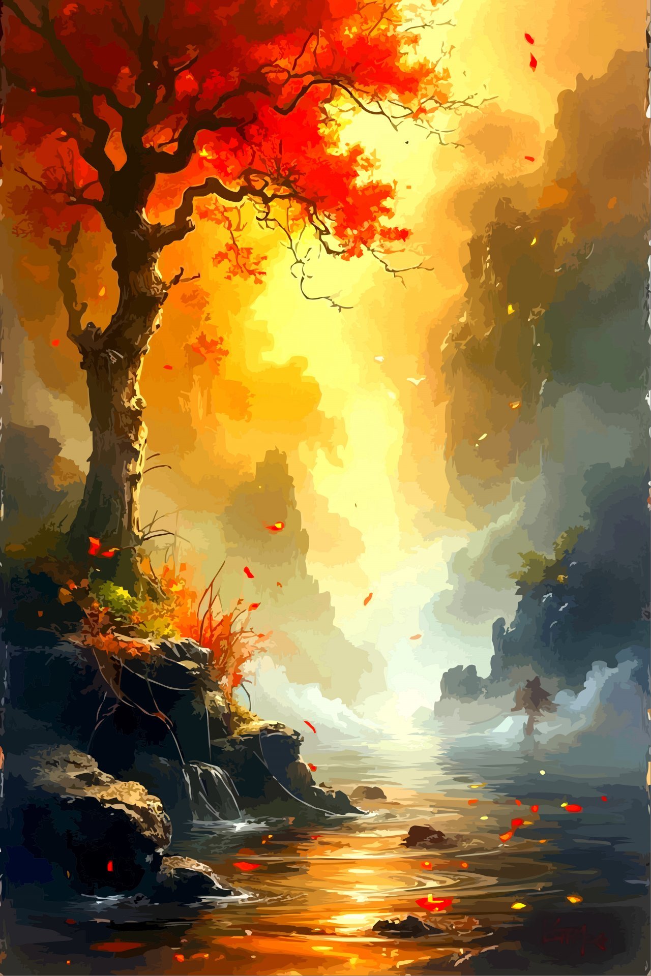 Autumn Tree by the River Painting by Viktor Levchenko