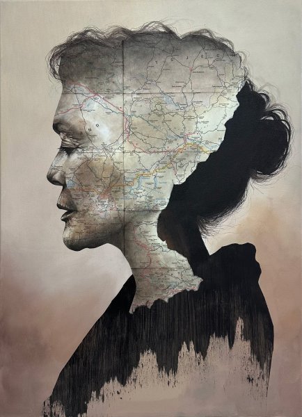 Collage Map Portrait Wall Art: Migration Story Painting by Julia Shilo