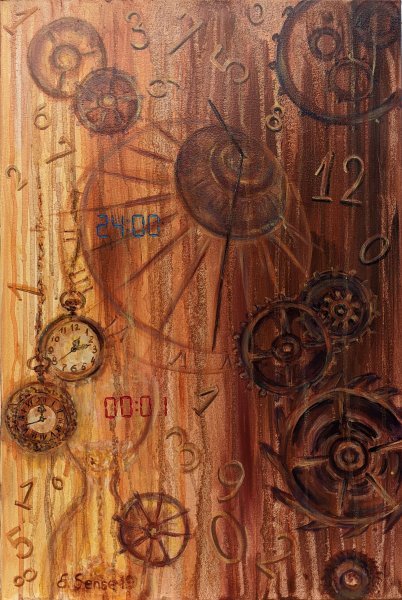 Steampunk Time: Reflections on Time's Flow Painting by Lena Kolambet