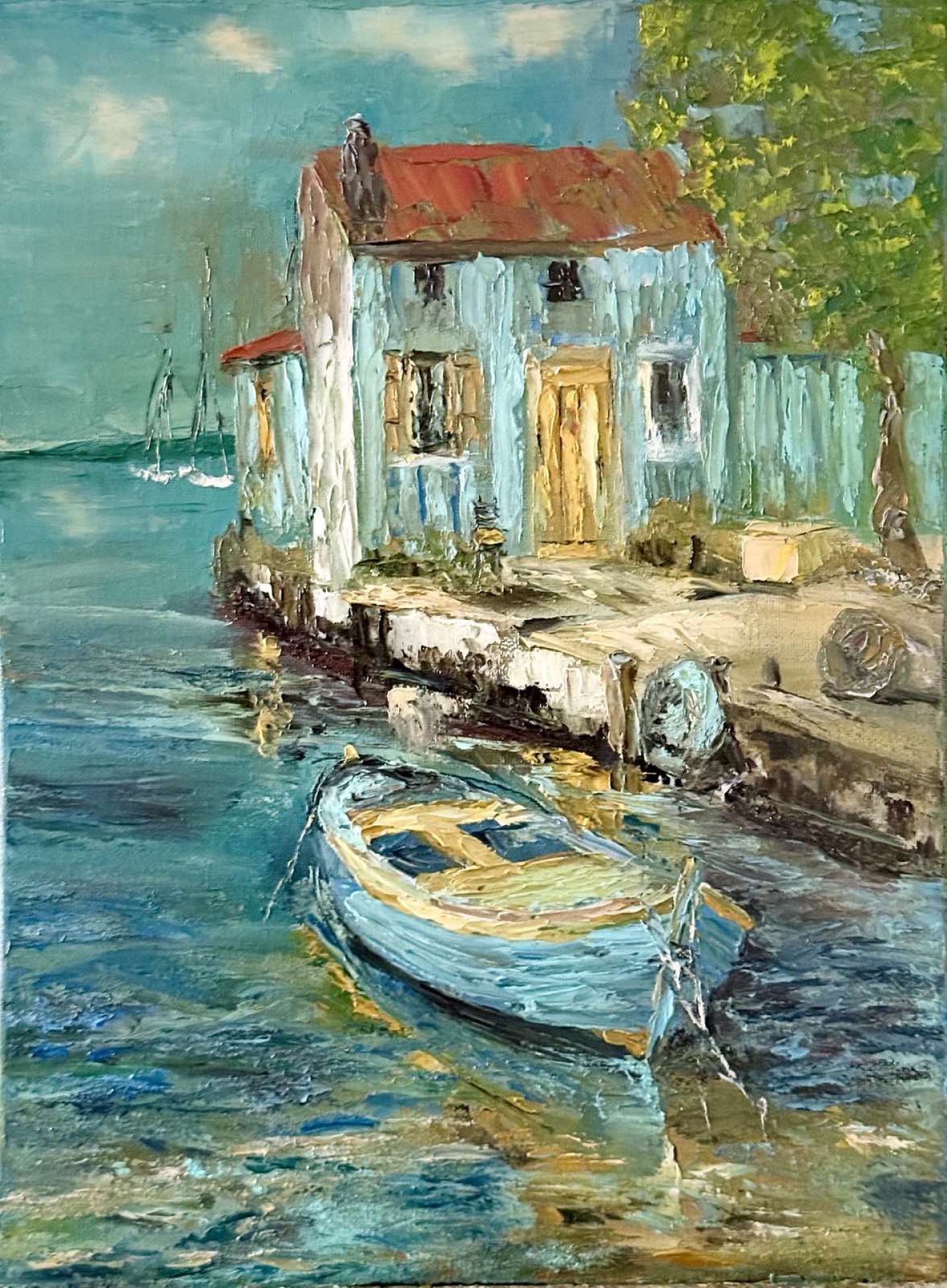 The Calm Sea and the Boat at the Pier Painting by Andriy Ankossi