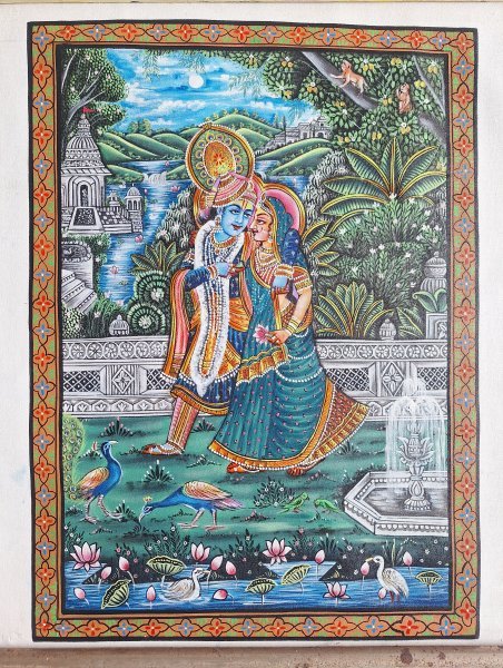Radha, krishna, garden, river, Painting by Manish Vaishnav