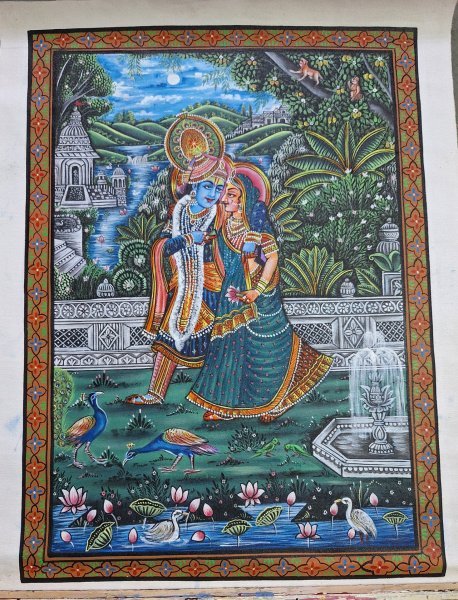 Radha, krishna, garden, river, Painting by Manish Vaishnav