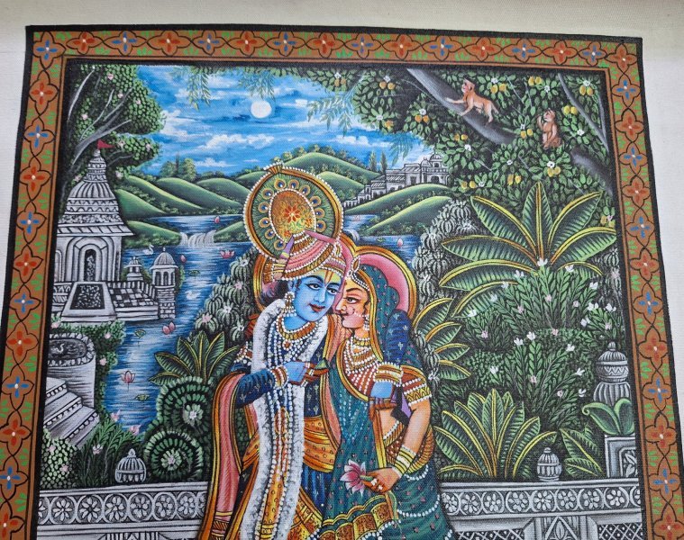 Radha, krishna, garden, river, Painting by Manish Vaishnav