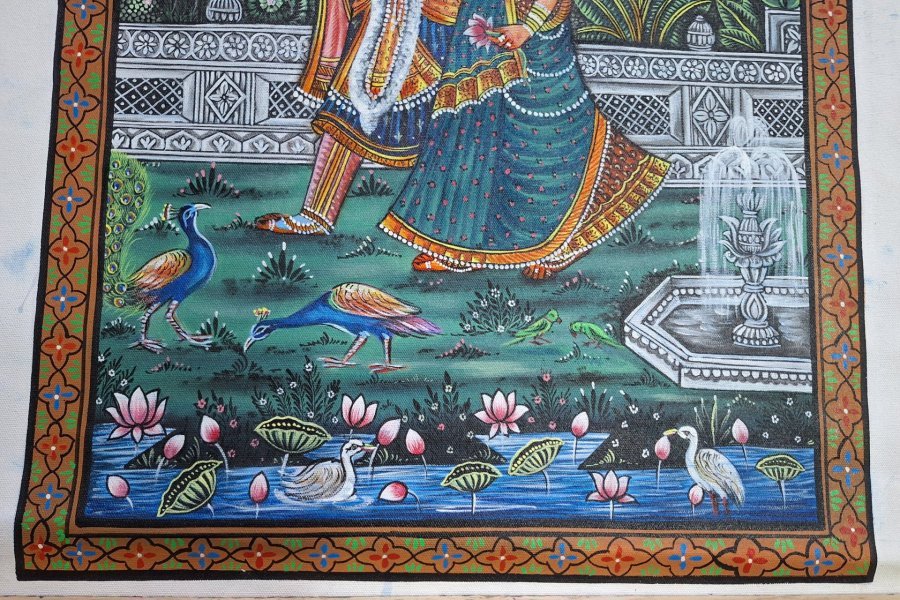 Radha, krishna, garden, river, Painting by Manish Vaishnav