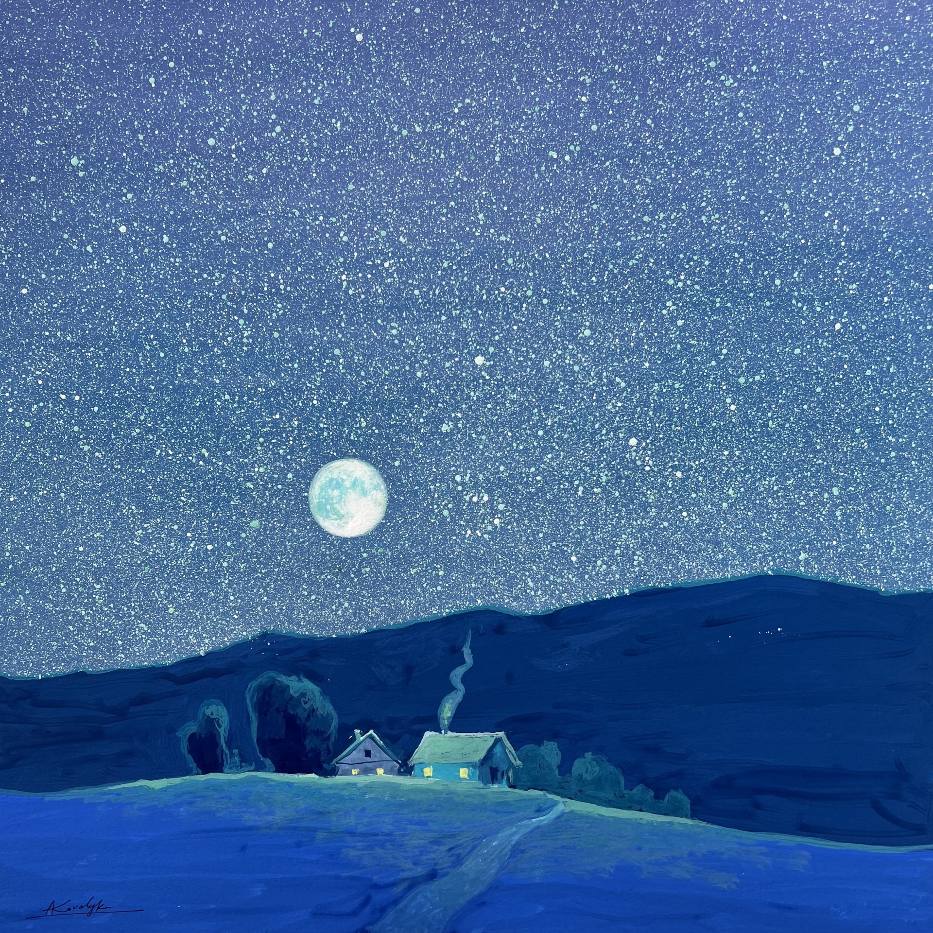 Carpathian Moonlit Night Painting by Andrii Kovalyk