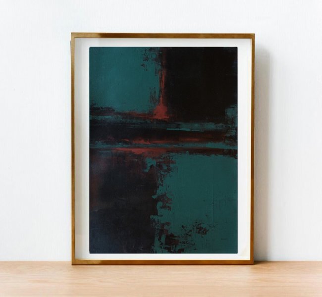 Abstract Teal and Black with Crimson Divide Painting by Ela Szczepaniak