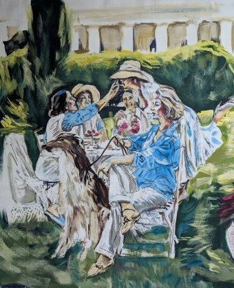 Girls' Breakfast in the Courtyard Embracing Light Painting by Oksana Almiz