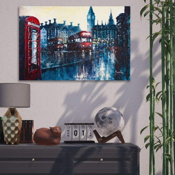 London Cityscape with Big Ben in Rain Painting by Oleksandr Neliubin