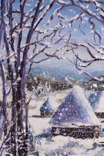 Serene Winter Village Snow Landscape Painting by Oleksandr Neliubin