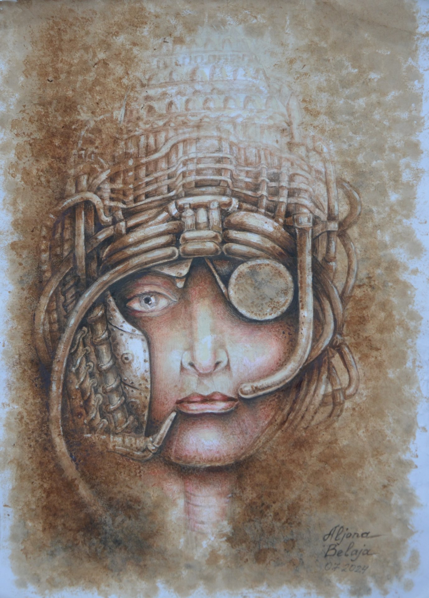 Brown Armor: Surrealist Woman Drawing - Aljona Frantaseva (Belaja)