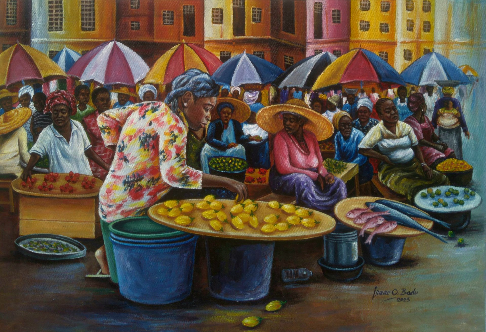 Lively African Market Interaction Painting by Isaac Opoku Badu