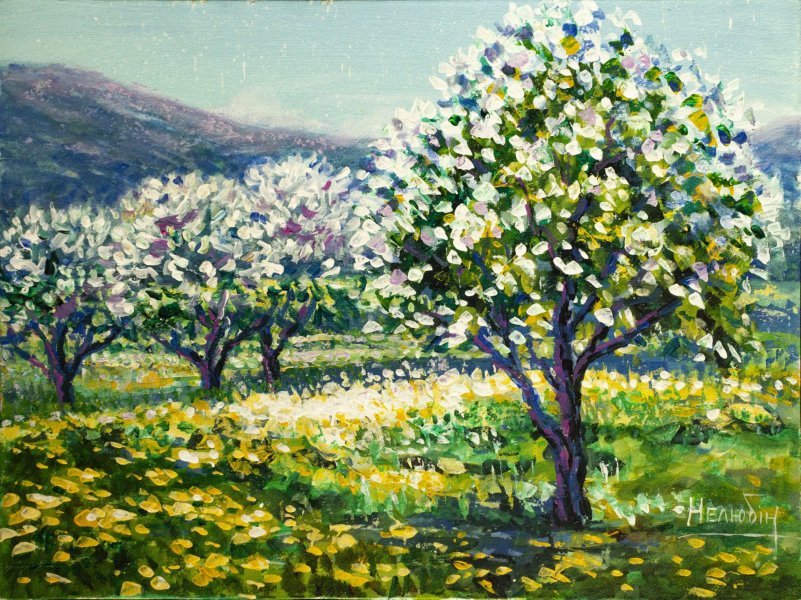 Spring Bloom: Vibrant Trees in Sunlight Painting by Oleksandr Neliubin