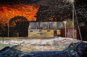 A shop with a fiery sky Painting by Stanislav Bazylev