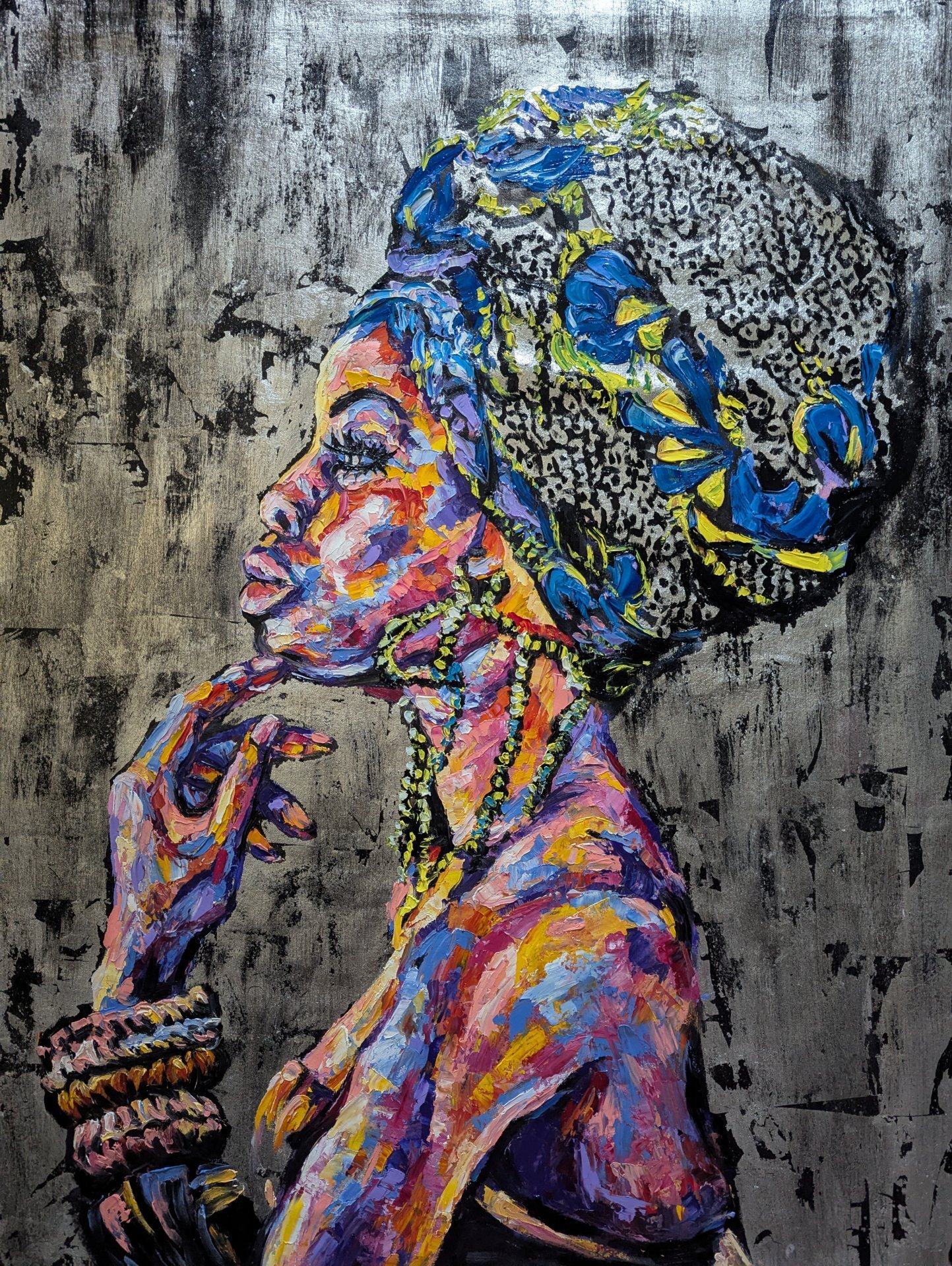 Incomparable African Grace: Silver Portrait Painting by Oksana Almiz