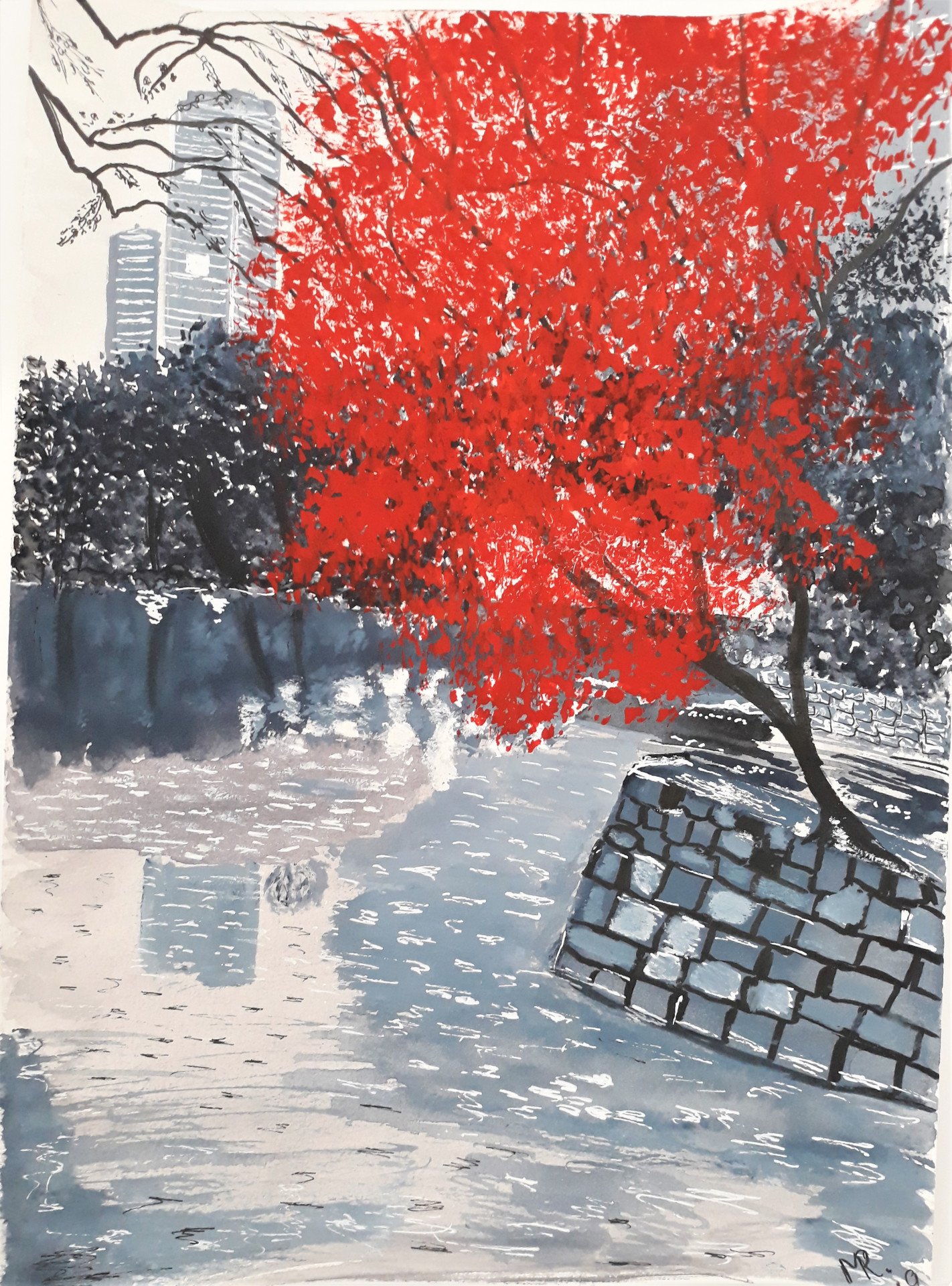 Fall in the city. Drawing - Marie Ruda - Jose Art Gallery