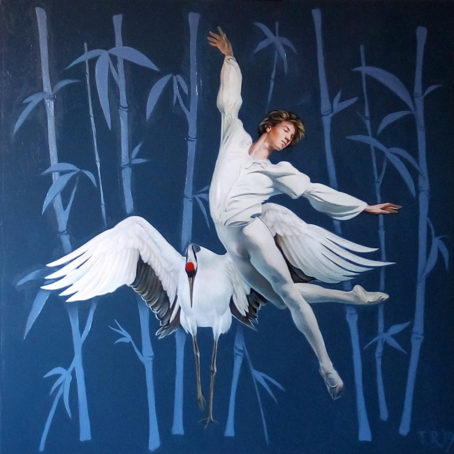 DANCING WITH A CRANE Painting by Tatiana Rezvaya
