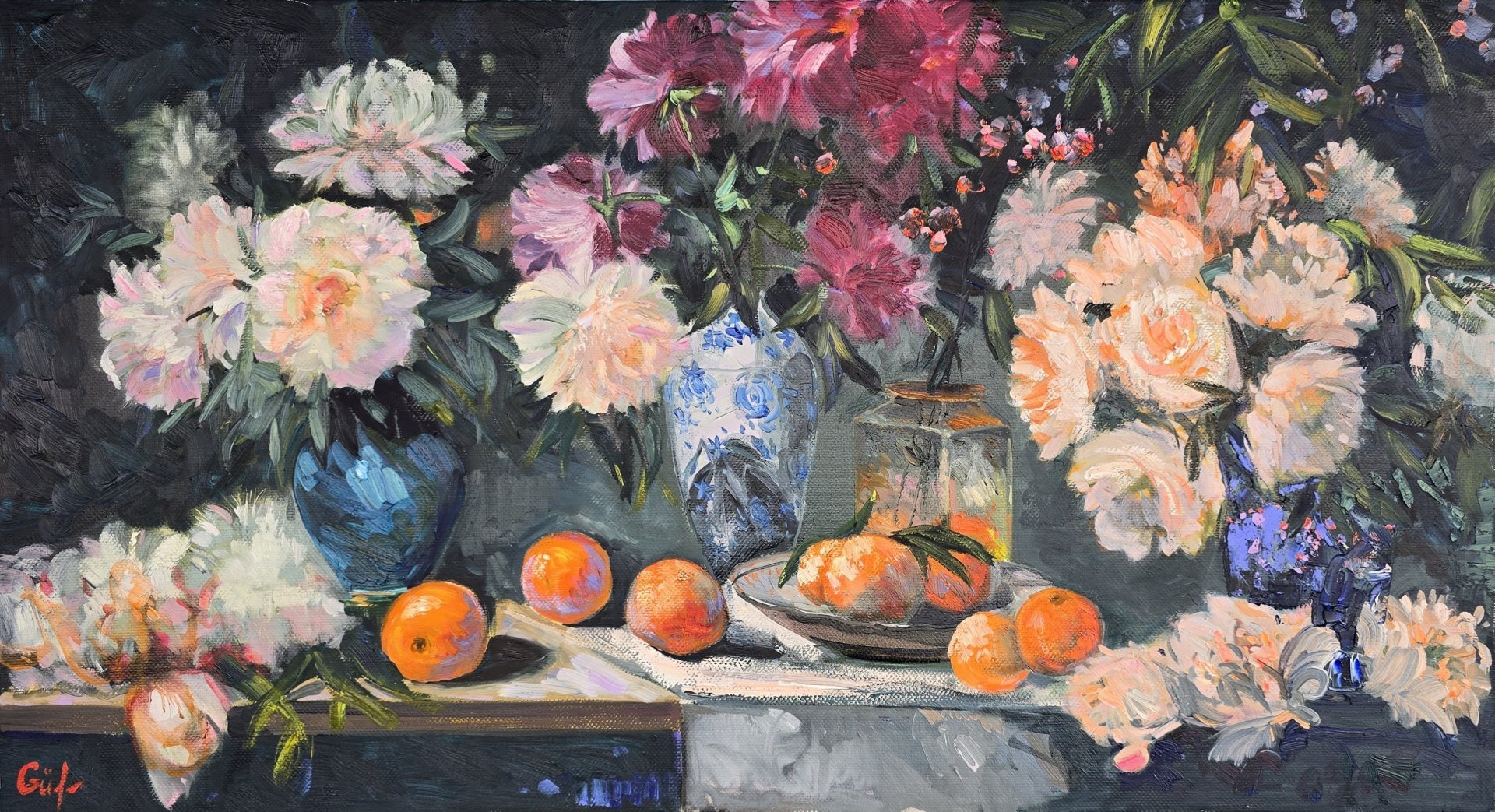 Peonies and Oranges Garden Light Digital Art - Gulshaba Abbasova