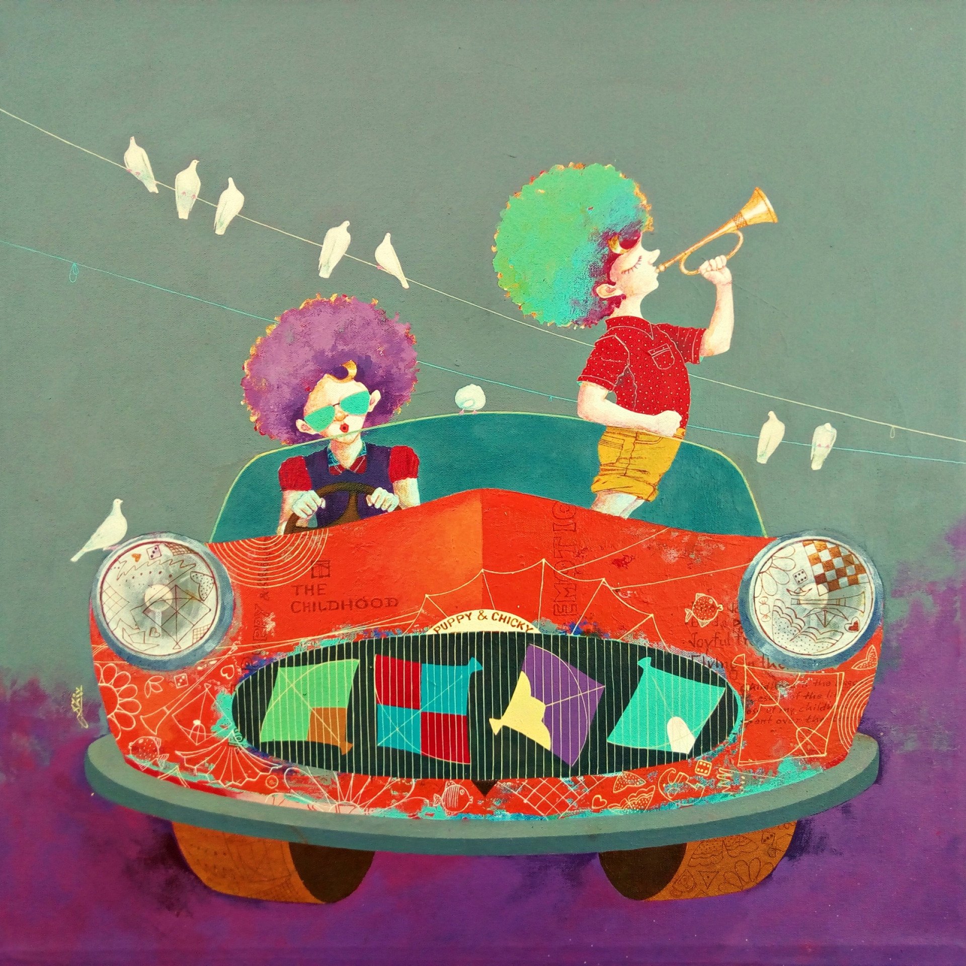 Puppy and Chicky on The Drive Painting by Shiv Kumar Soni