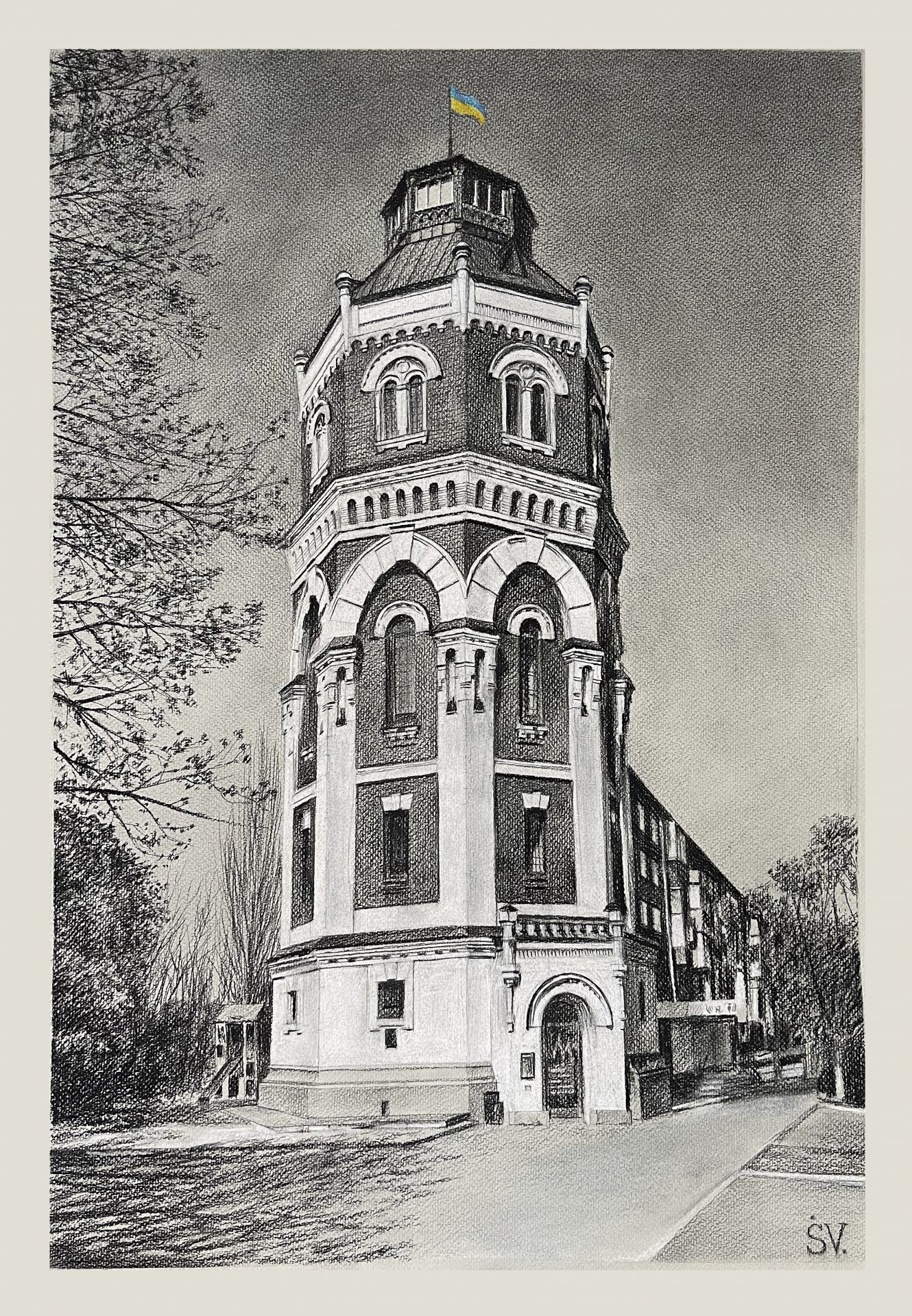 Mariupol Old Water Tower Drawing Painting by Vladimir Sumarokov